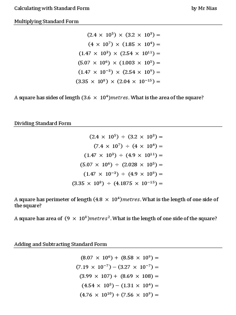 Calculating With Standard Form | PDF | Elementary Mathematics | Arithmetic