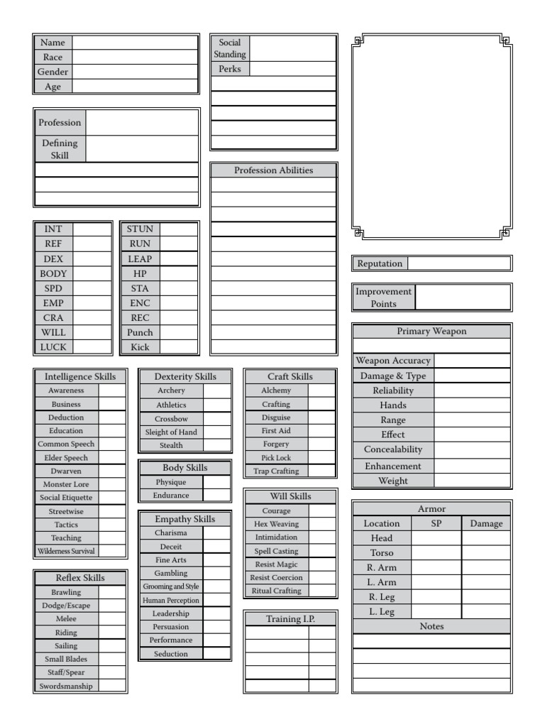 Witcher Character Sheet Printer Friendly