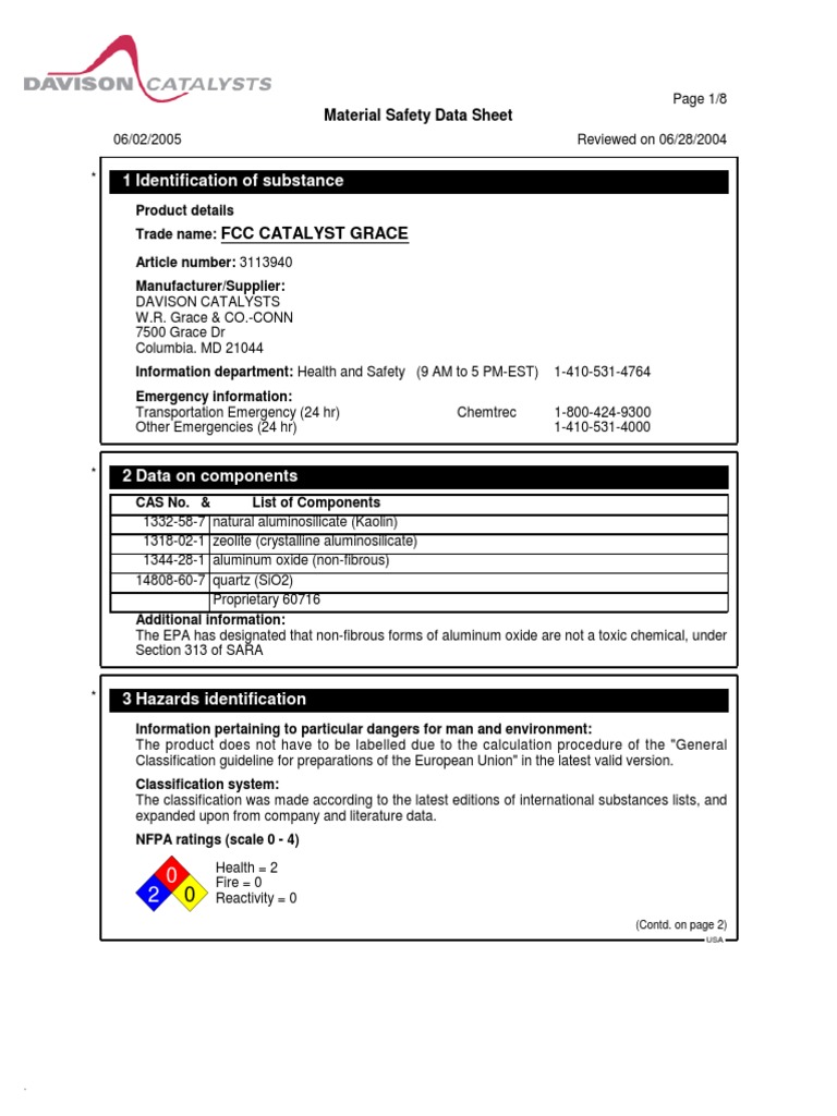Msds FCC Catalyst | PDF | Toxicity | Personal Protective Equipment
