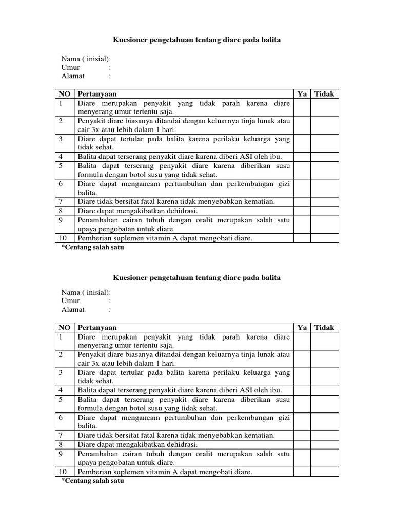 Kuesioner Pengetahuan Tentang Diare Pada Anak (Print) | PDF