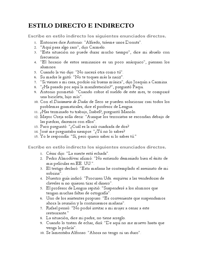 Práctica de Estilo Directo e Indirecto | PDF | Comillas | Lengua española