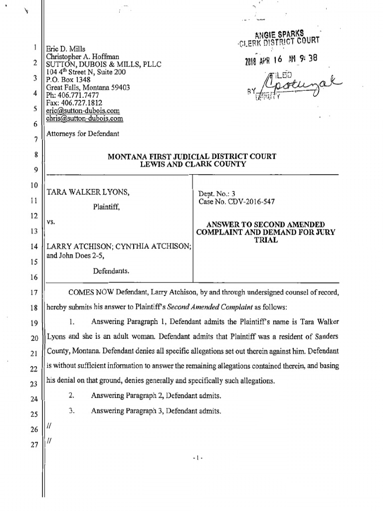 Defendant's Answer To Second Amended Complaint, Tara Walker Lyons v. Larry Atchison Et Al, Case ...