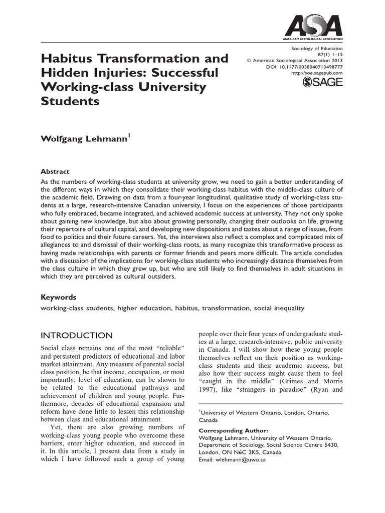 Habitus Transformation and Hidden Injuries: Successful Working-Class ...