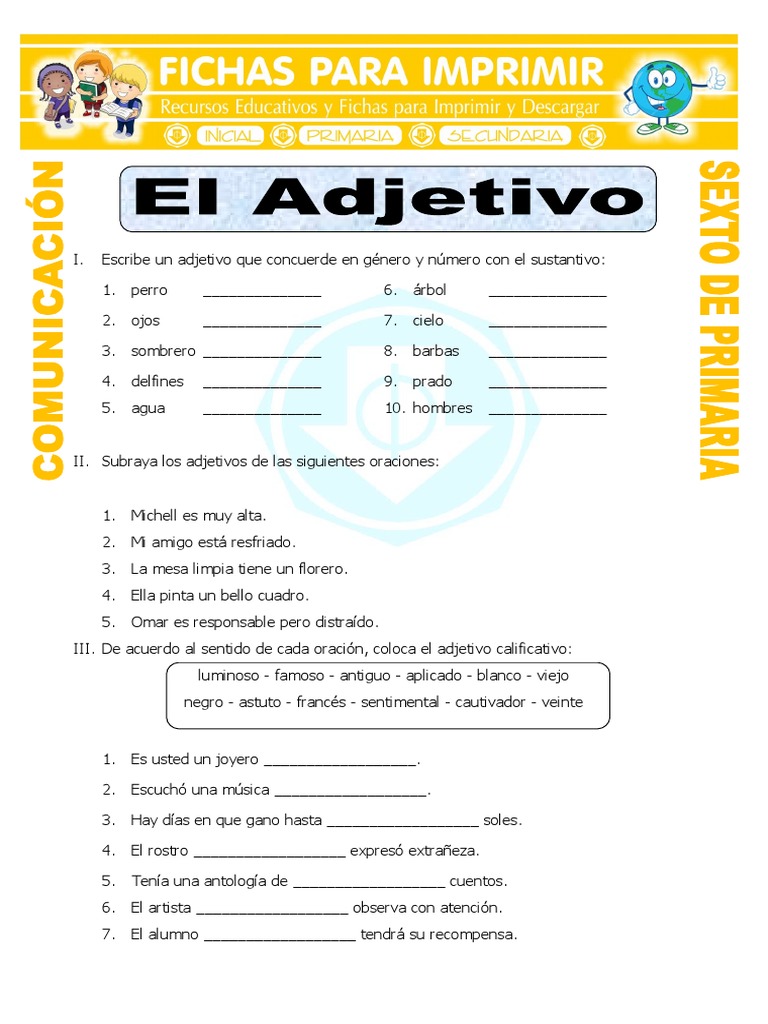 Ficha Adjetivos Ejemplos Para Sexto De Primariadoc Adjetivo Prueba Gratuita De 30 Días Scribd
