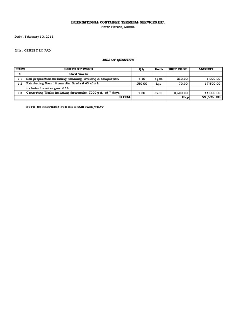 Genset RC Pad Bill of Quantity | PDF