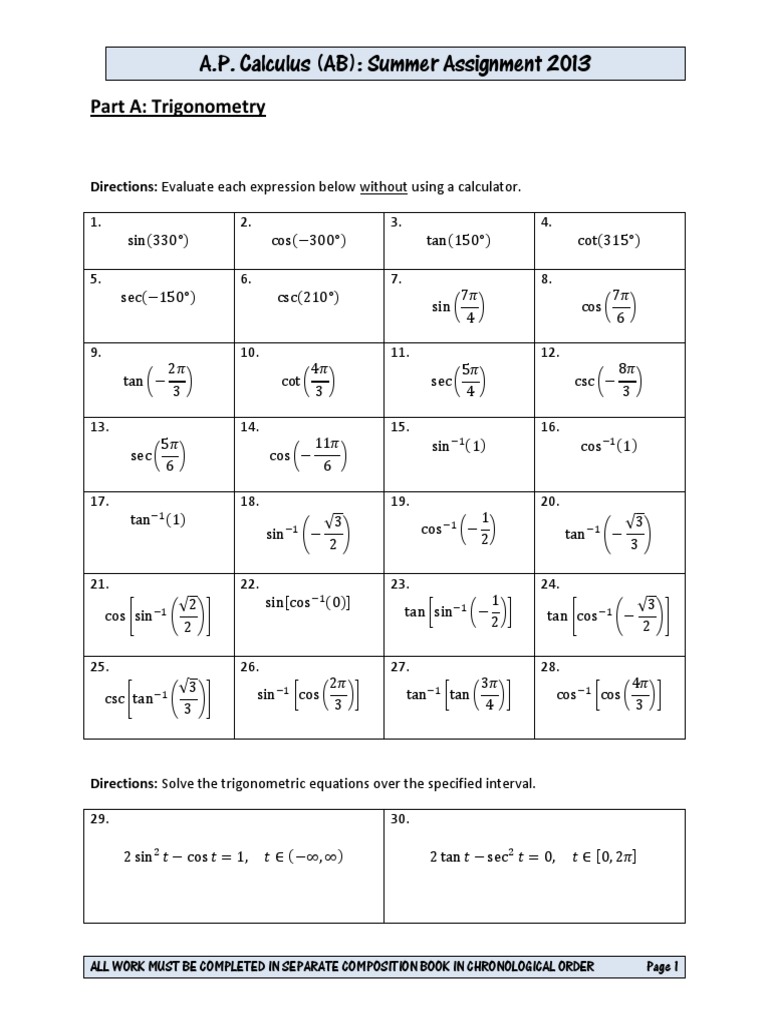 A.P. Calculus (AB) : Summer Assignment 2013 | PDF | Equations ...