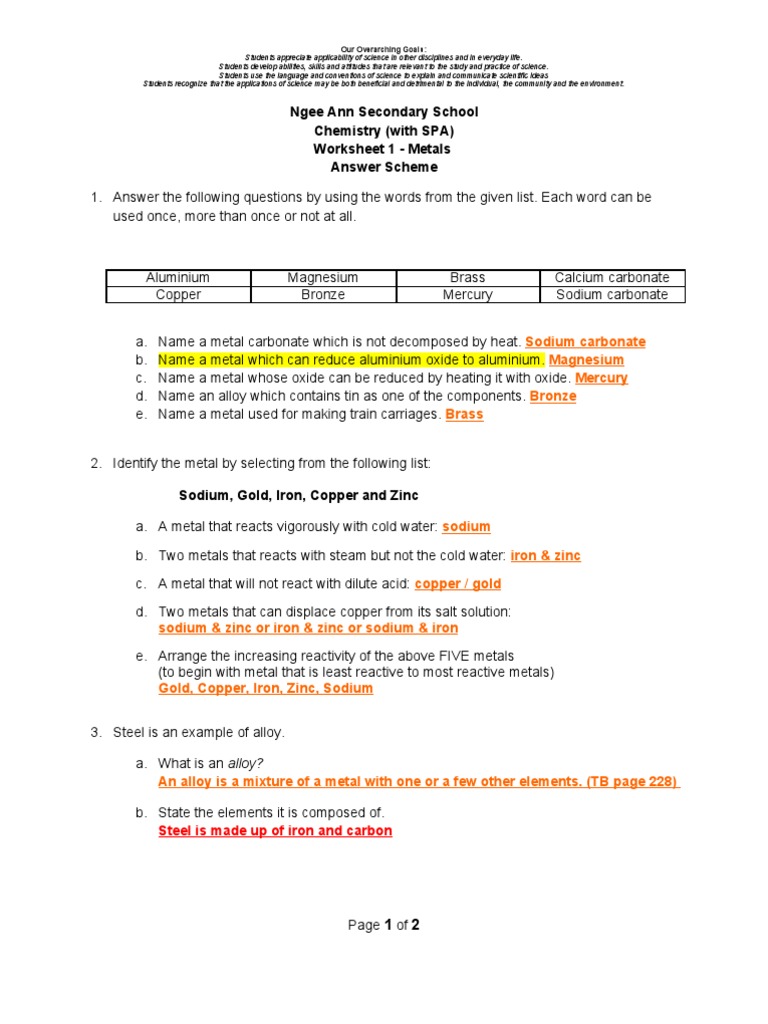 Metals and Alloys Worksheet | PDF | Metals | Alloy