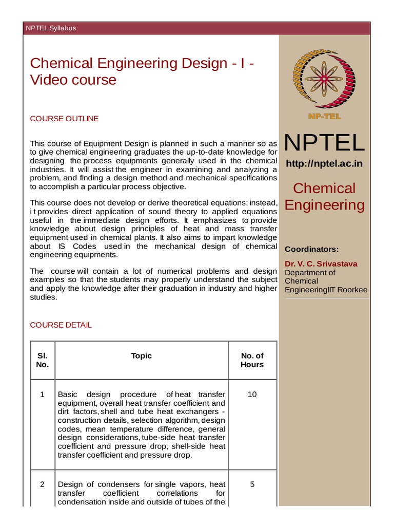 Nptel: Chemical Engineering Design - I - Video Course | PDF | Heat ...