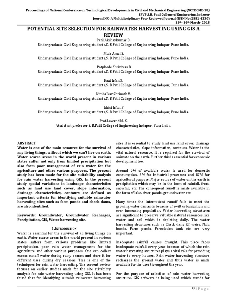 Potential Site Selection For Rainwater Harvesting Using Gis A Review | PDF | Geographic ...