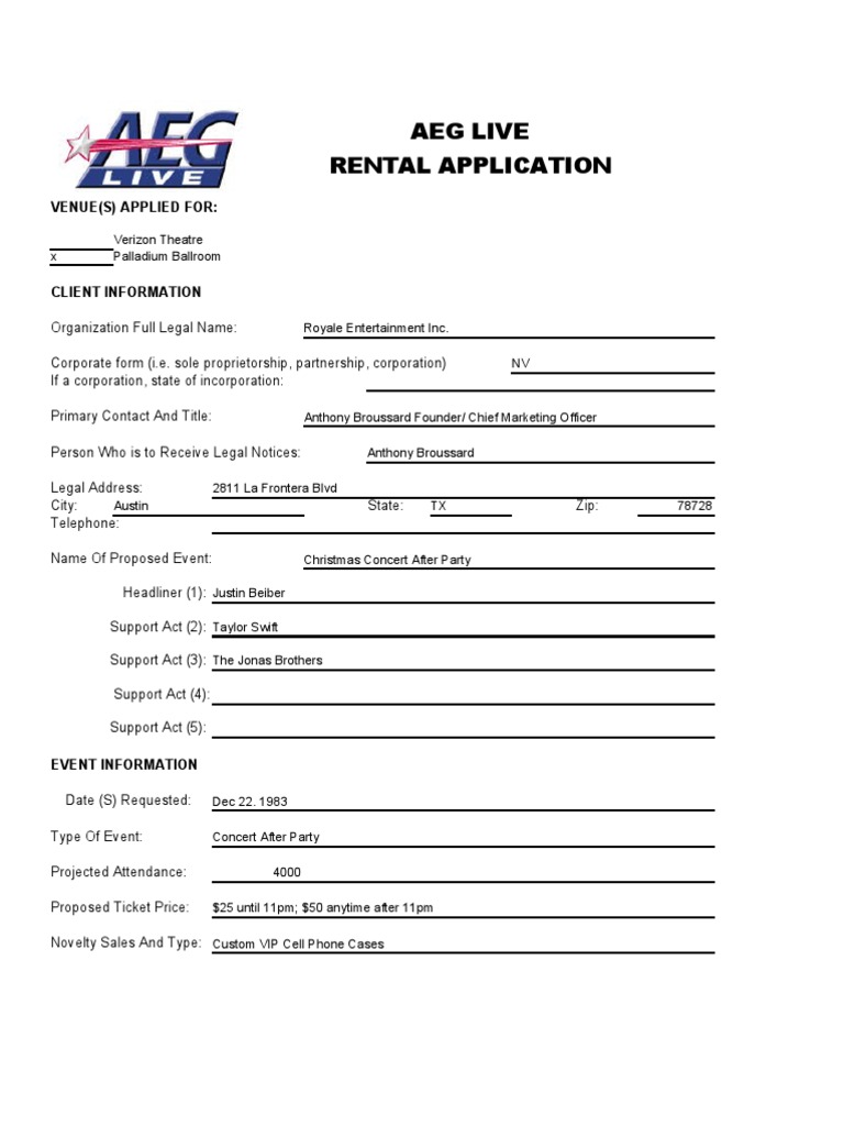 AEG Live Rental Application for Concert | PDF