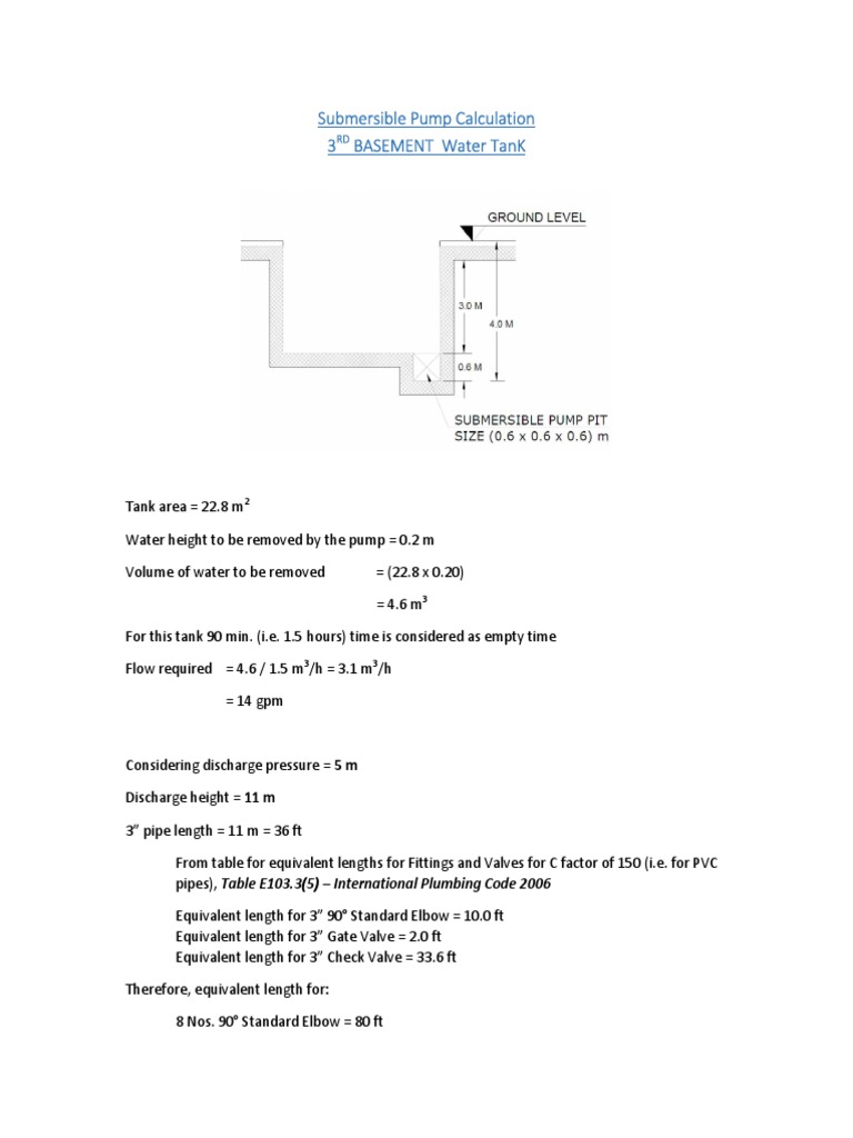 Submersible Pump Calculation 3 Basement Water Tank | PDF