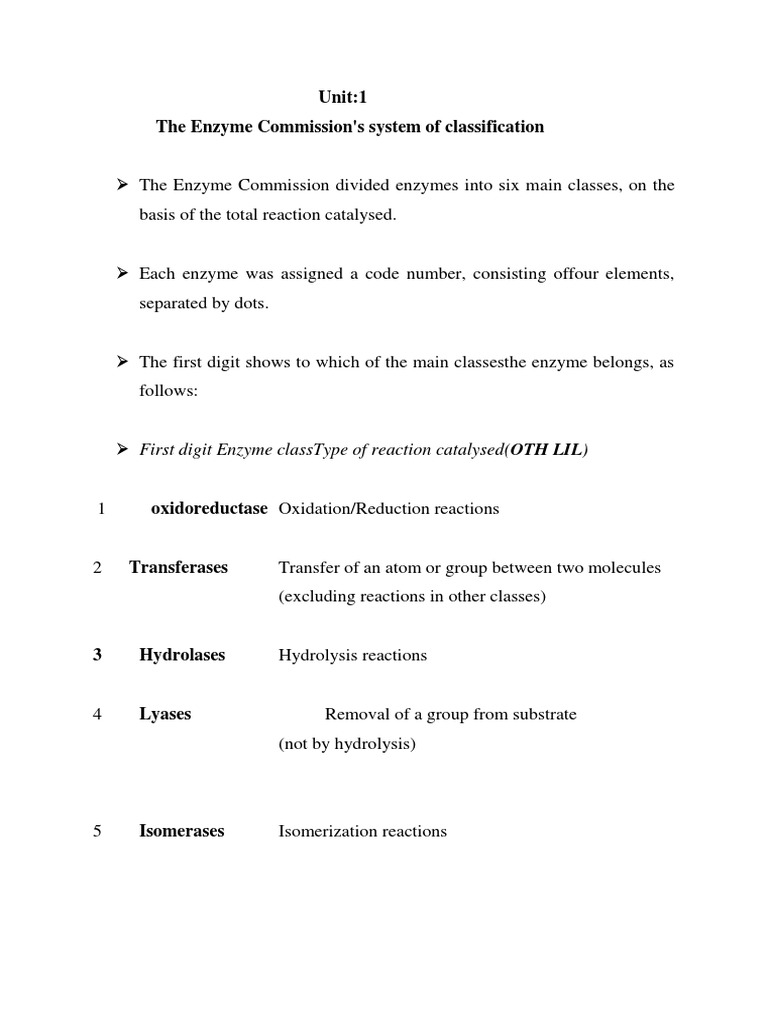 Unit:1 The Enzyme Commission's System of Classification | PDF ...