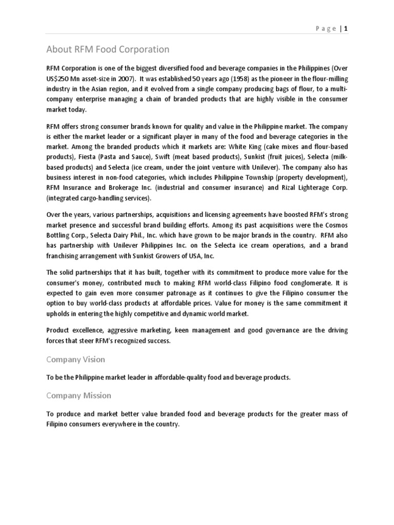 About RFM Food Corporation: Company Vision | PDF | Cuisine | Foods