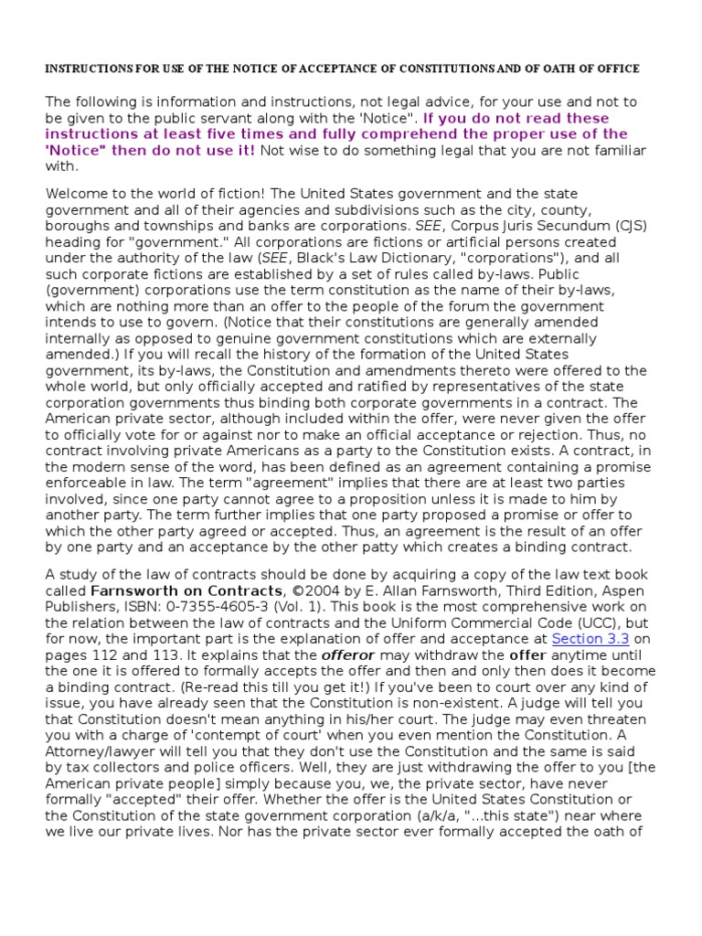 Notice of Acceptance Instructions | PDF | Constitutionality | United ...