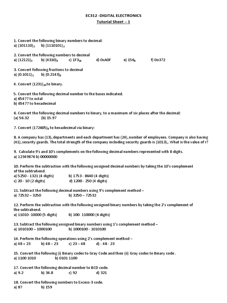 Ec312 - Digital Electronics Tutorial Sheet - 1 | PDF | Teaching Methods & Materials