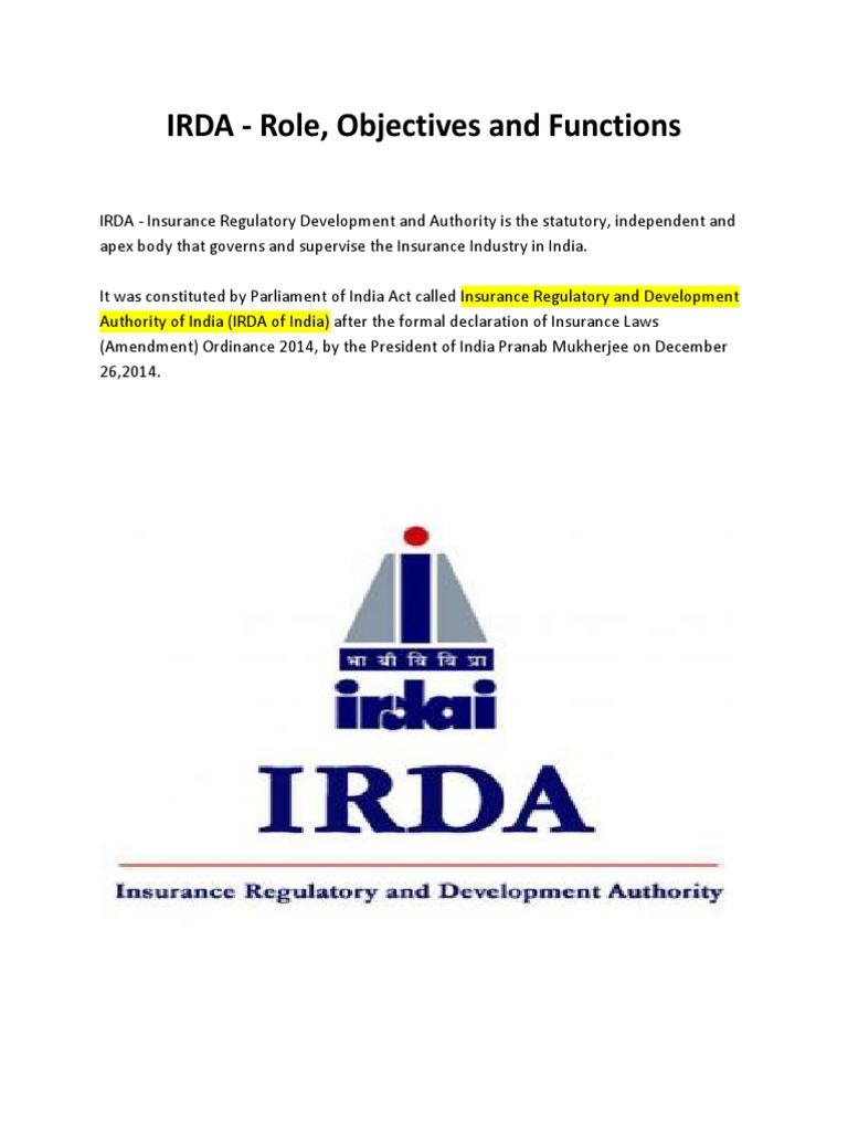 IRDA - Role, Objectives and Functions | PDF | Insurance | Financial ...