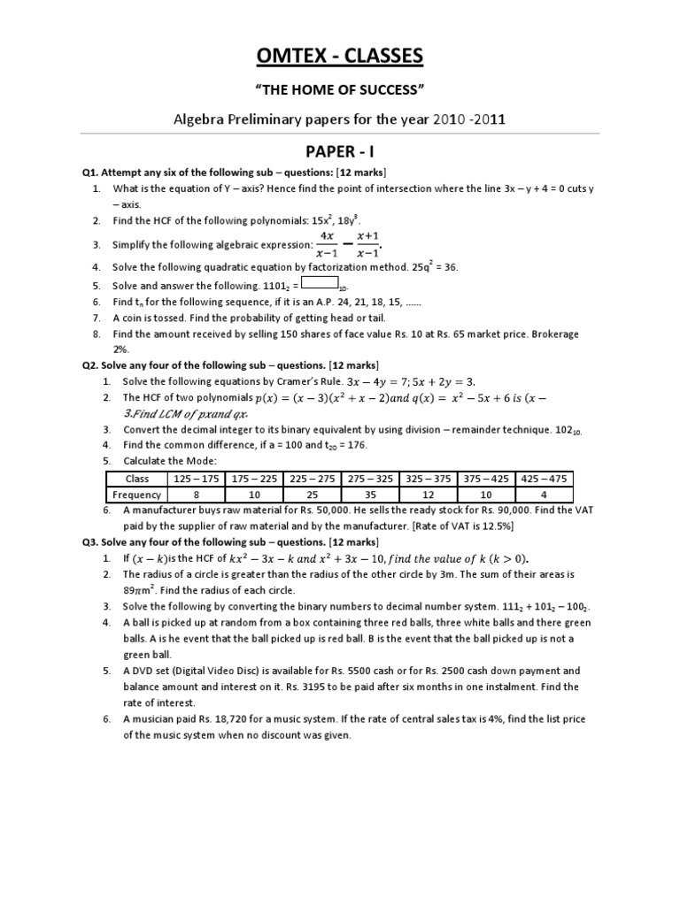 Algebra Question Paper 2010-2011 | PDF | Equations | Numbers