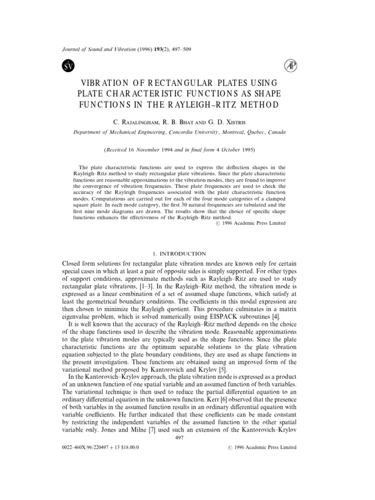 Vibration of Rectangular Plates Using Plate Characteristic Functions As ...