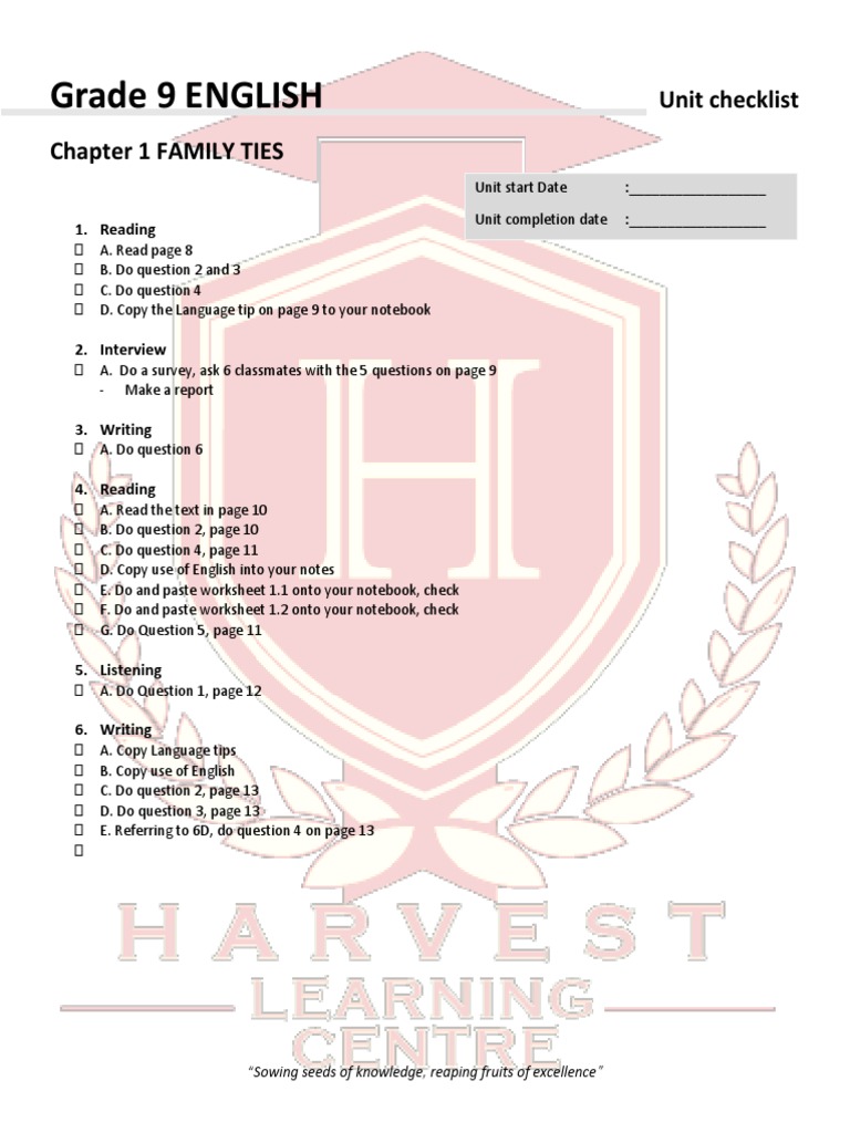 Grade 9 ENGLISH: Unit Checklist Chapter 1 FAMILY TIES | PDF
