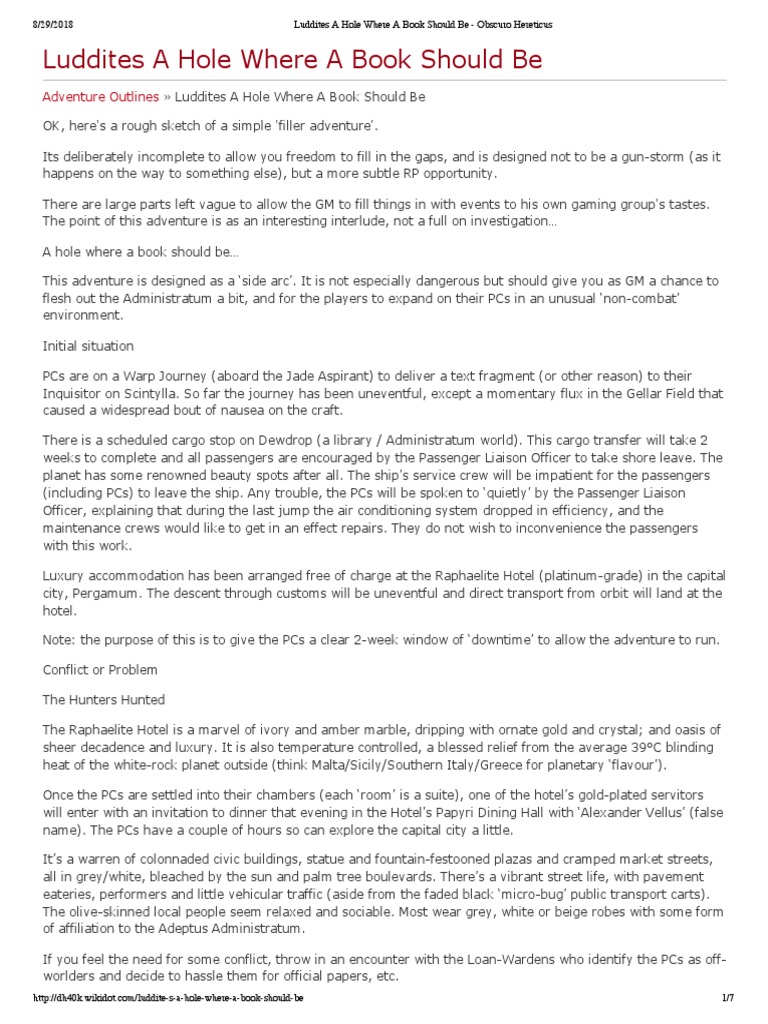 Luddites A Hole Where A Book Should Be: Adventure Outlines | PDF