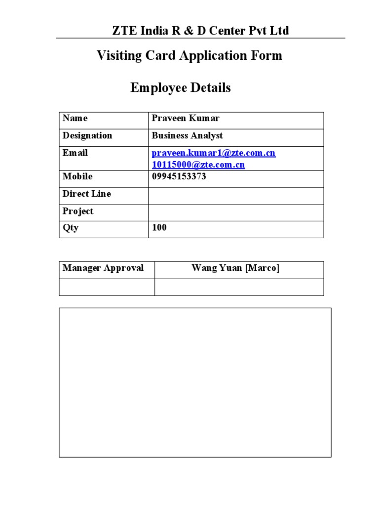 ZTE India Employee Visiting Card Form | PDF | Technology & Engineering
