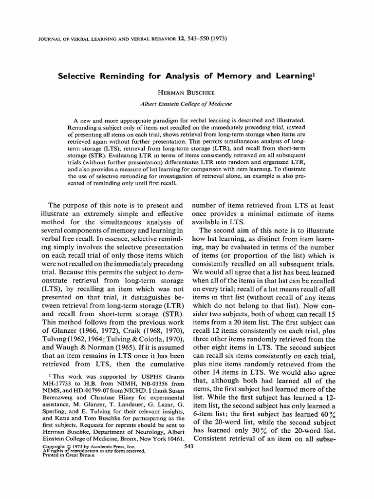 Selective Reminding For Analysis of Memory and Learning 1 | PDF ...
