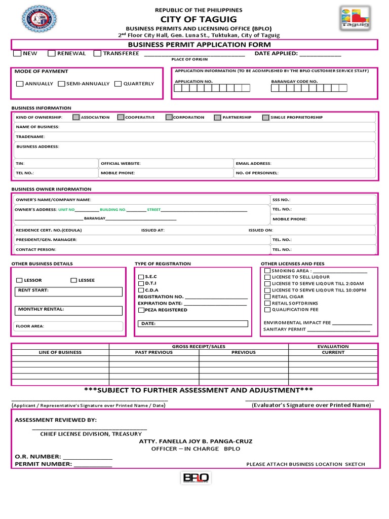 City of Taguig: Business Permit Application Form | PDF | Affidavit ...