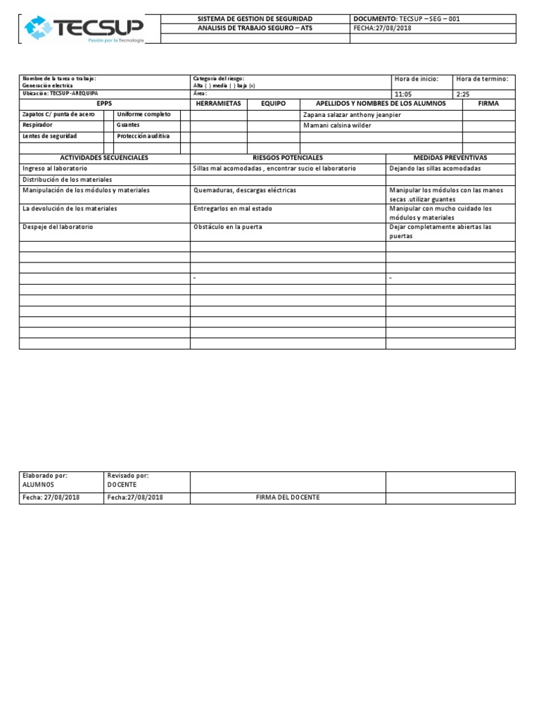 Sistema de Gestion de Seguridad Documento: Tecsup - Seg - 001 Analisis de Trabajo Seguro - Ats ...