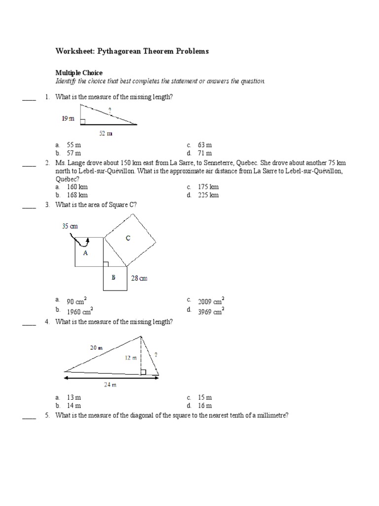 Worksheet: Pythagorean Theorem Problems: Multiple Choice | PDF | Metre ...