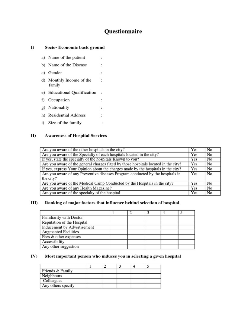 Questionnaire: I) Socio-Economic Back Ground | PDF | Hospital | Nursing