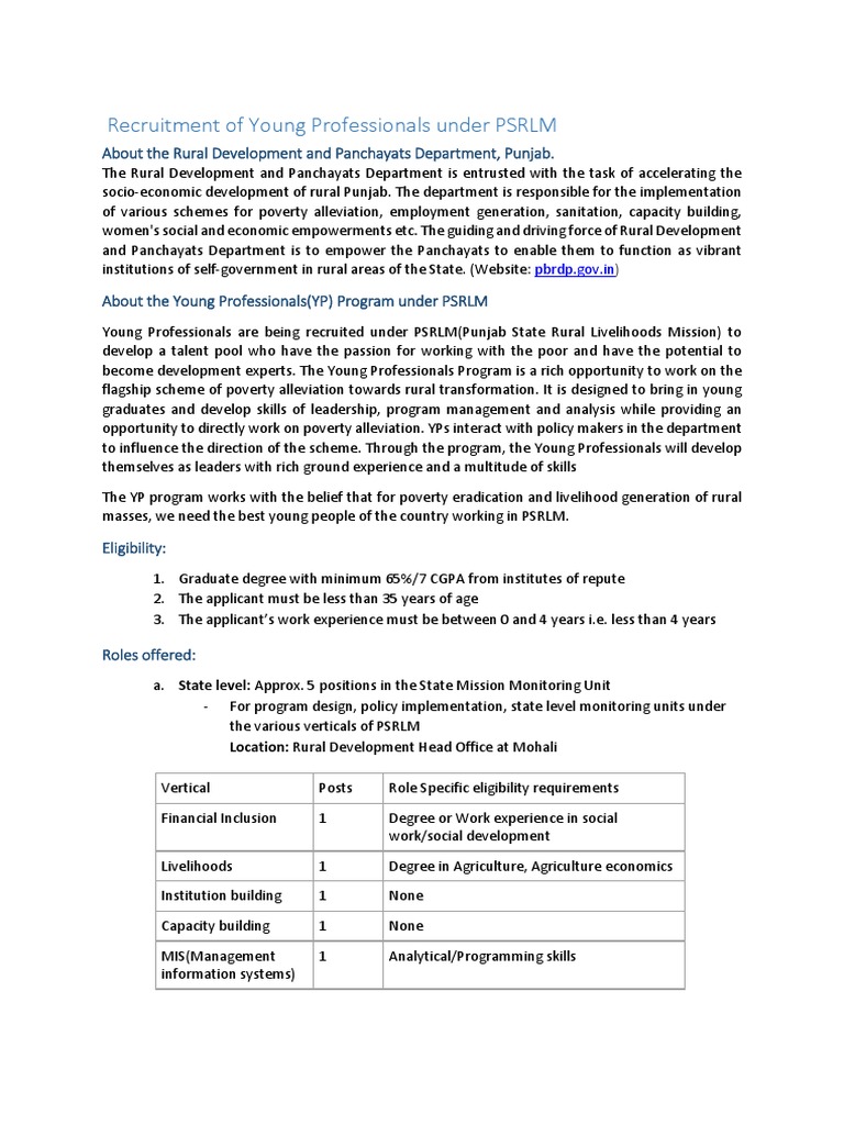 Recruitment of Young Professionals Under PSRLM: About The Rural ...
