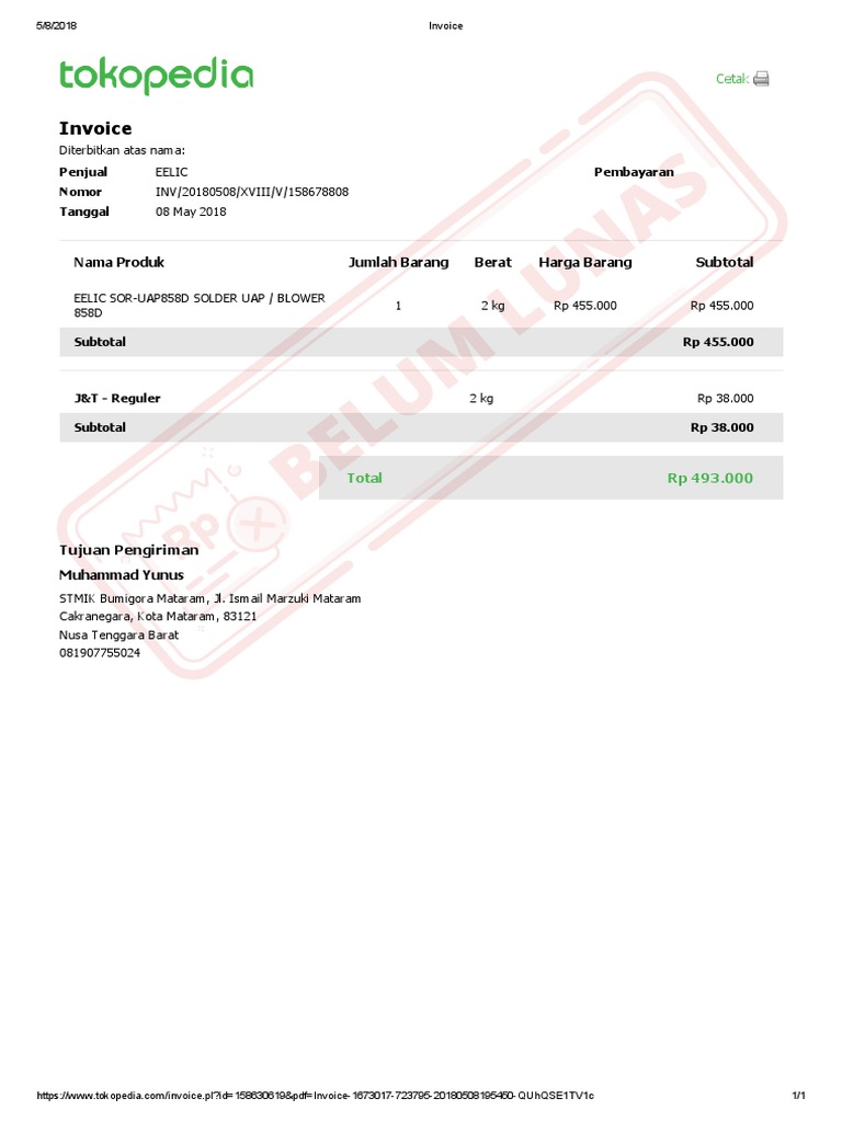 Invoice: Nama Produk Jumlah Barang Berat Harga Barang Subtotal | PDF
