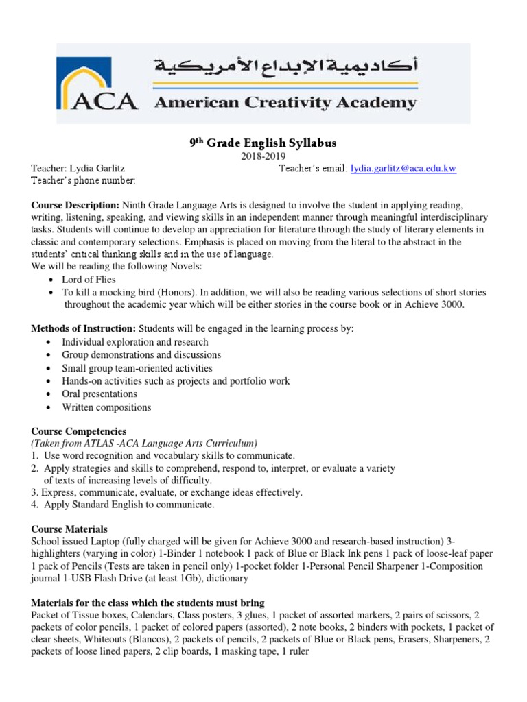 9 Grade English Syllabus: Lydia - Garlitz@aca - Edu.kw | PDF | Homework ...