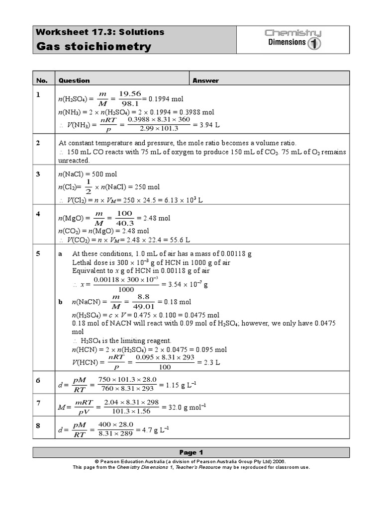 Gas stoichiometry: Worksheet 17.3: Solutions | Mole (Unit) | Gases