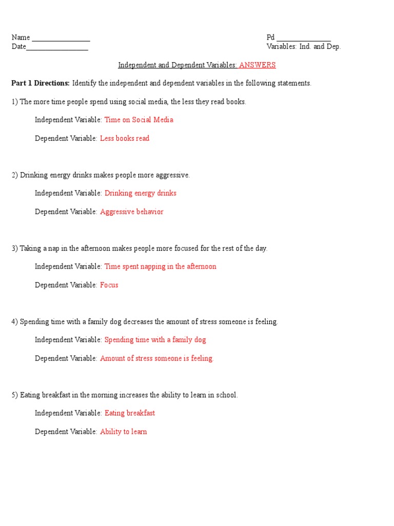 Answers: Part 1 Directions: Identify The Independent and Dependent ...