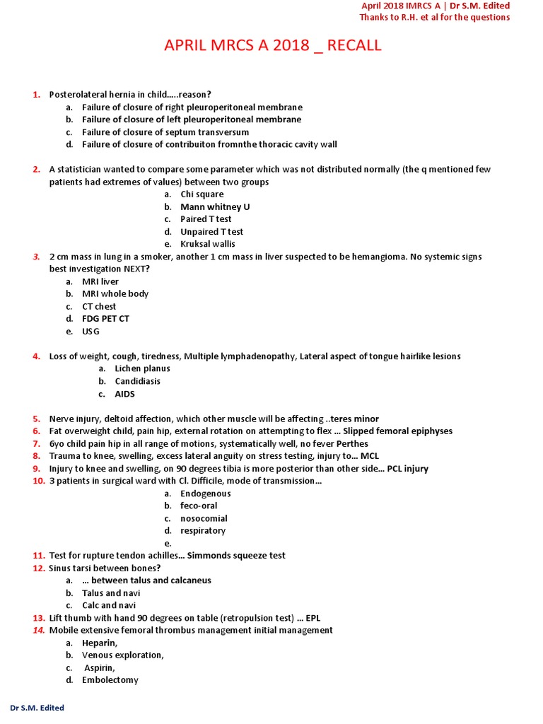 April 2018 MRCS A Exam Recall: Key Clinical Scenarios and Questions ...