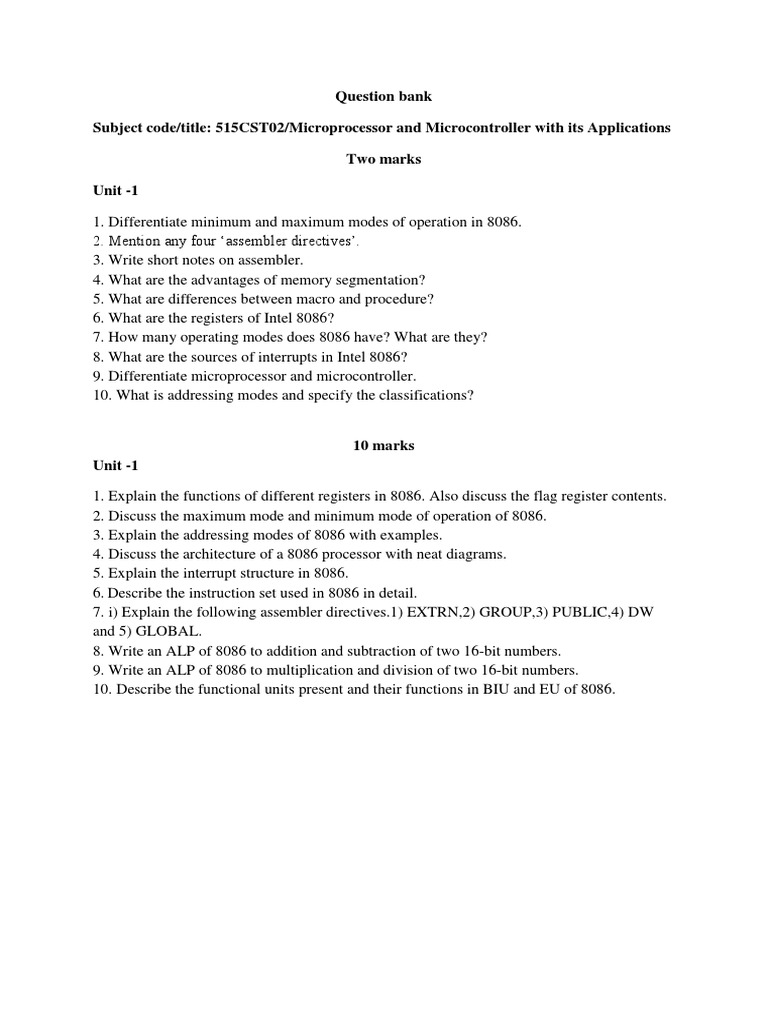 Question Bank Subject Code/title: 515CST02/Microprocessor and ...