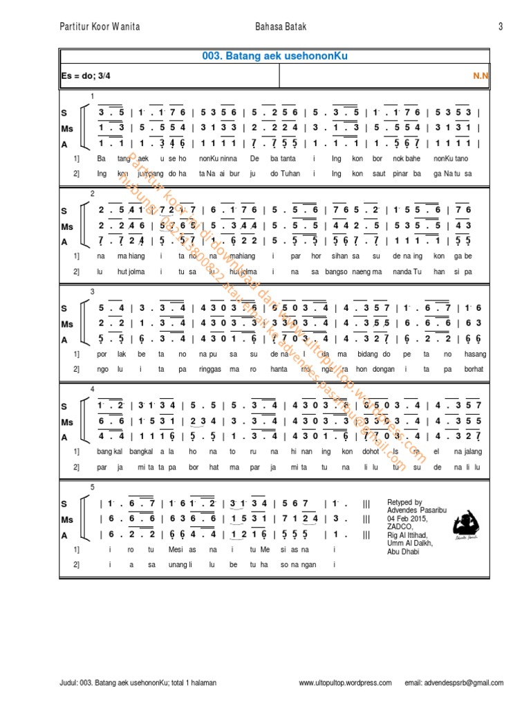 Batang Aek Usehononku: Partitur Koor Wanita Bahasa Batak 3 | PDF