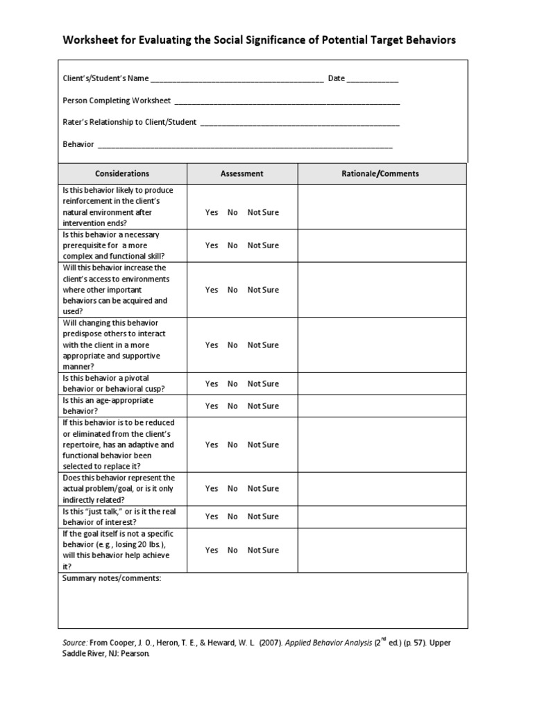Worksheet For Evaluating The Social Significance of Potential Target ...
