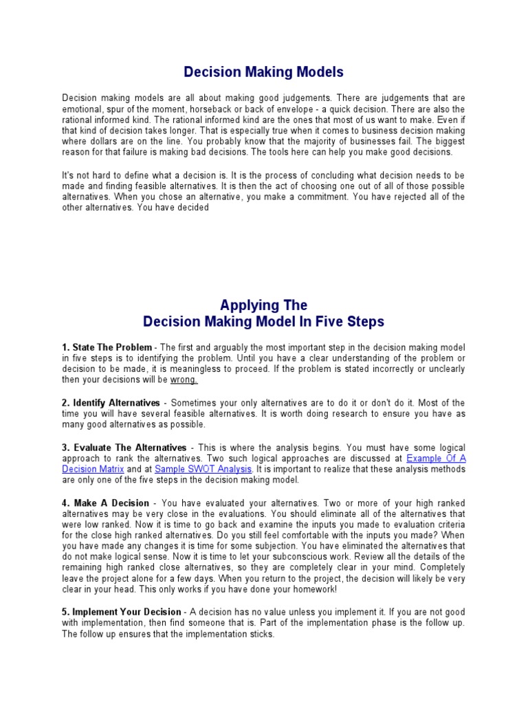 Decision Making Models: Example of A Decision Matrix Sample SWOT ...