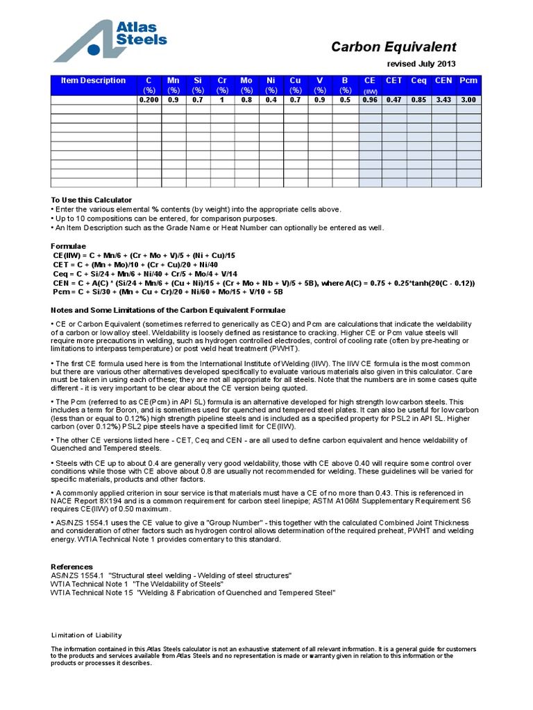 Carbon Equivalent: Item Description C MN Si CR Mo Ni Cu V B CE Cet Ceq ...