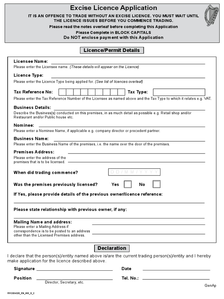Excise Licence Application PDF | PDF | License | Government Information