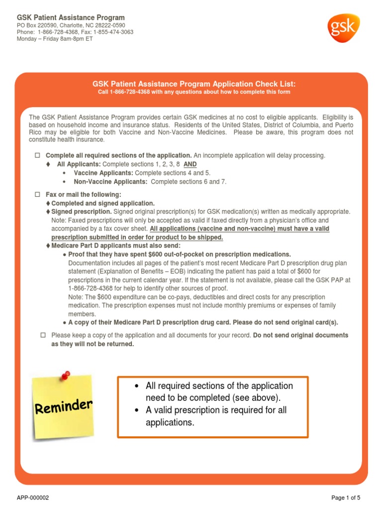 GSK Patient Assistance Program Application Check List | PDF | Medicare ...