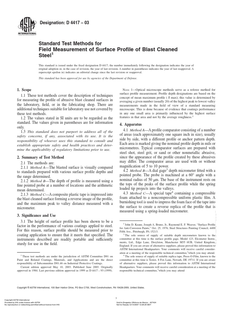 Field Measurement of Surface Profile of Blast Cleaned Steel: Standard ...