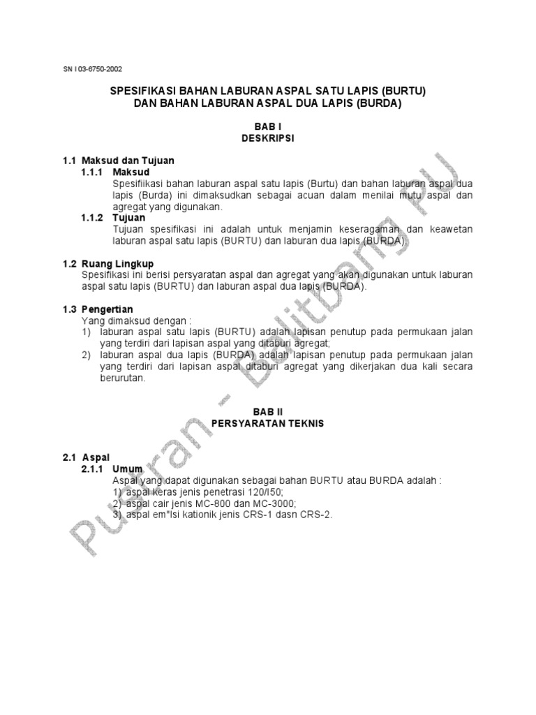 Spesifikasi Bahan Laburan Aspal Satu Lapis (Burtu) Dan Bahan Laburan ...