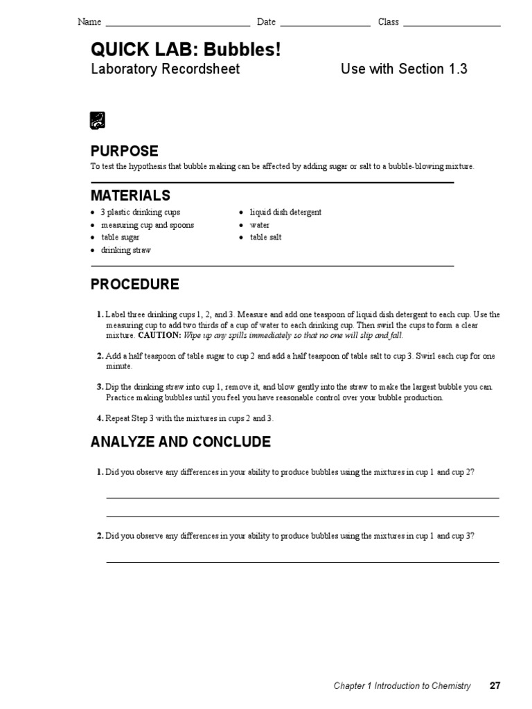 QUICK LAB: Bubbles!: Laboratory Recordsheet Use With Section 1.3 | PDF