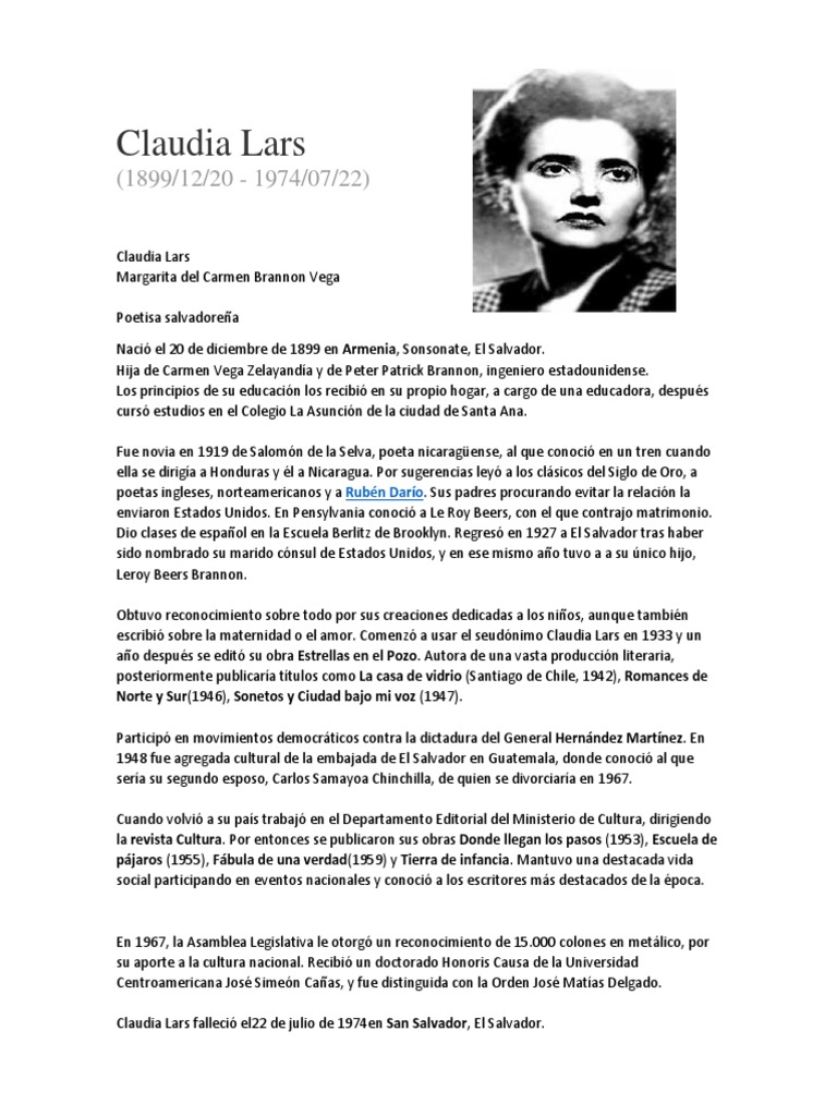 Biografía de Claudia Lars, poetisa salvadoreña | PDF