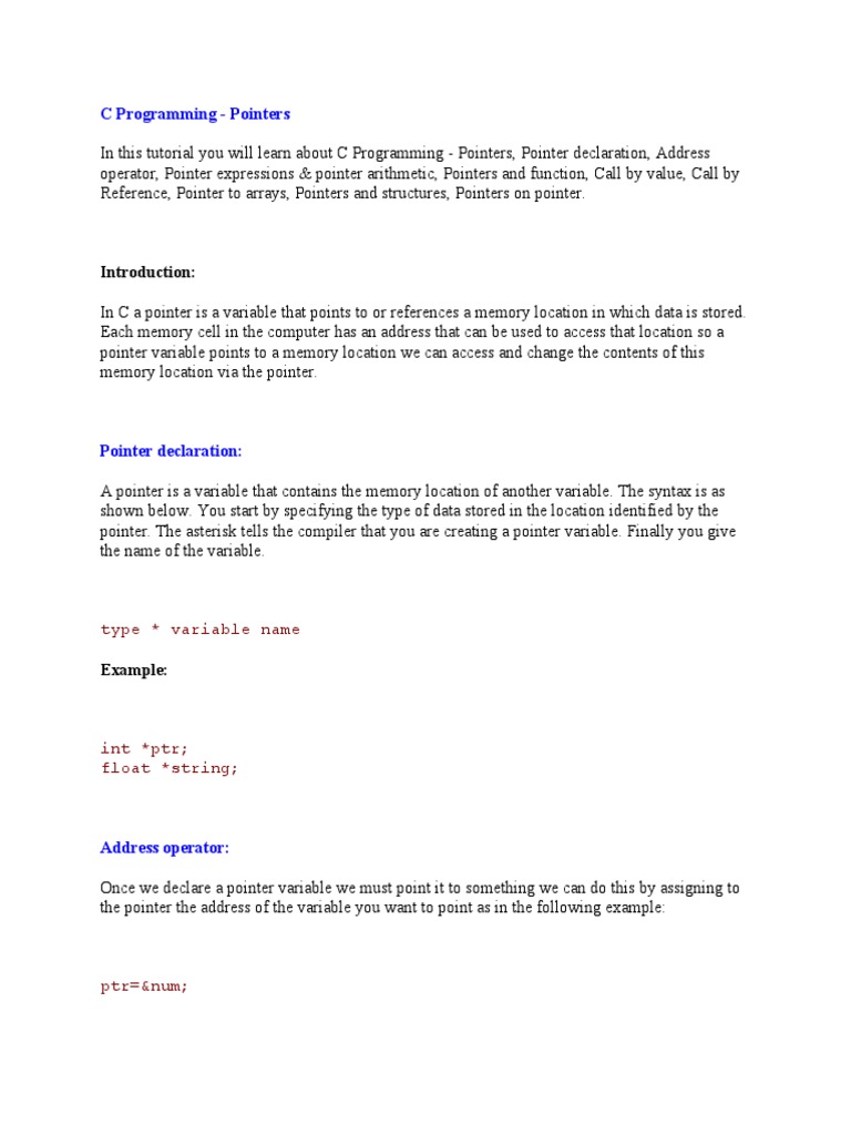 C Programming Pointers Type Variable Name Pdf Pointer Computer Programming Subroutine 5768