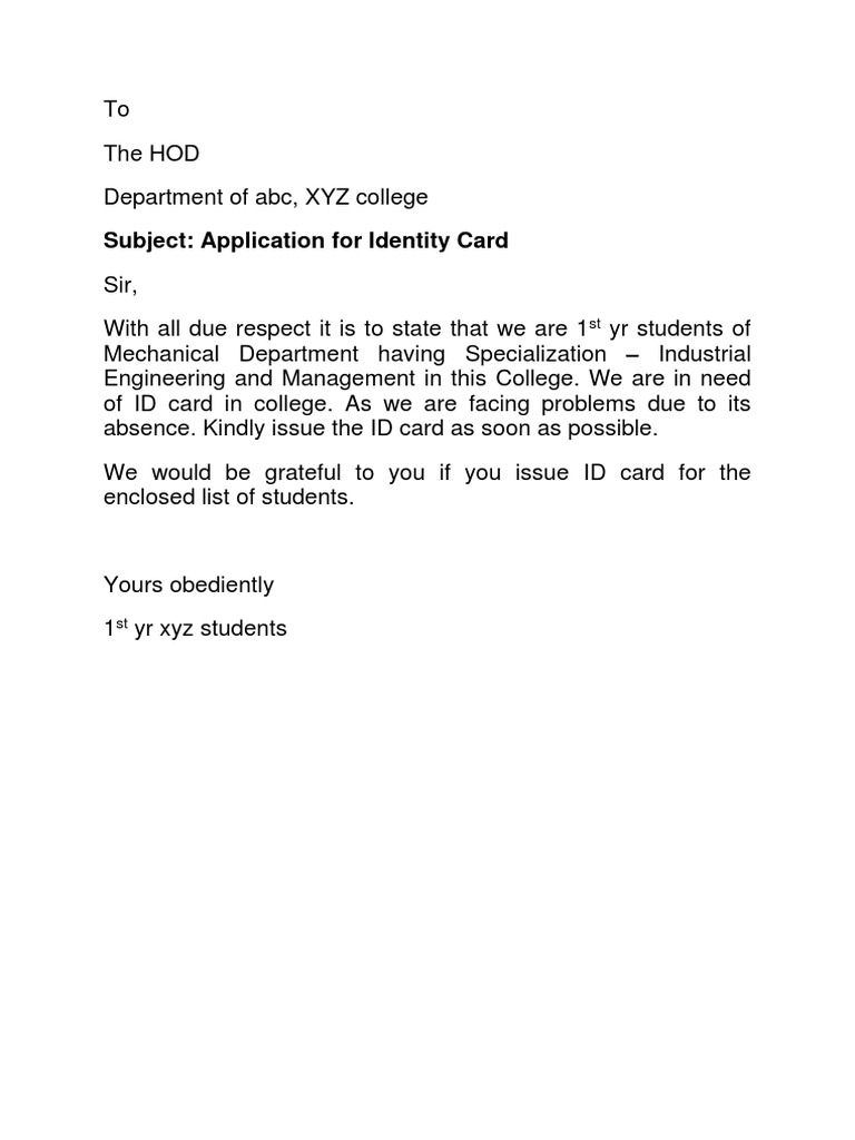 Subject: Application for Identity Card
