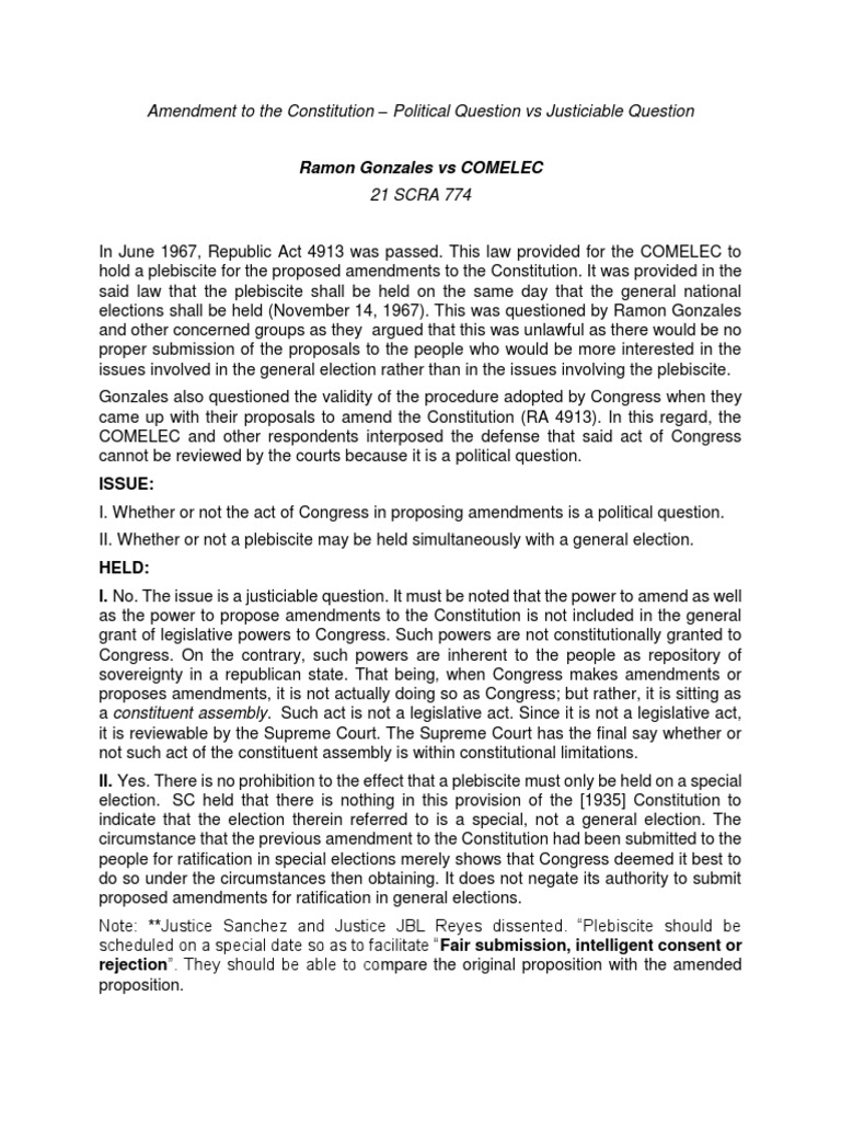 Amendment To The Constitution - Political Question Vs Justiciable ...